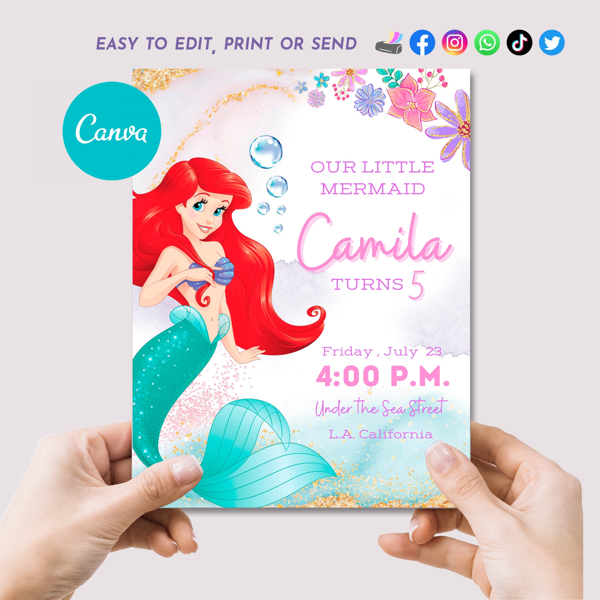 Ariel Birthday Invitation, Little Mermaid Editable Template, Little ...