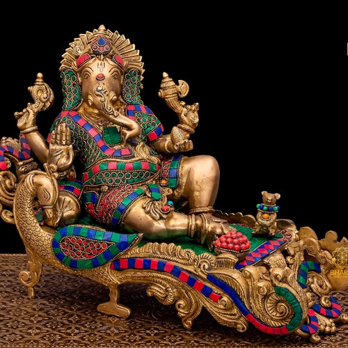 Brass Ganesha Statue Large With Mosaic Stonework 40 Cm Big - Etsy