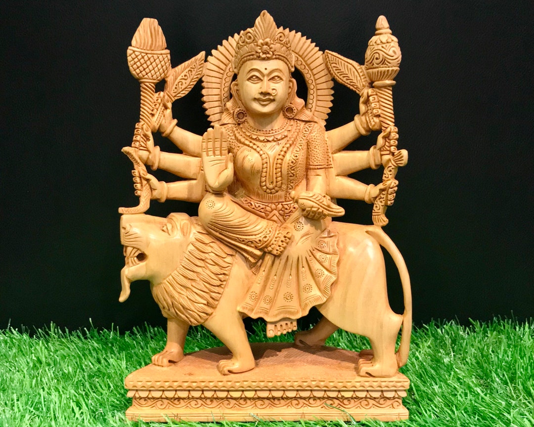 Estatua de madera de Durga, Ídolo de la diosa Durga de madera tallada a ...