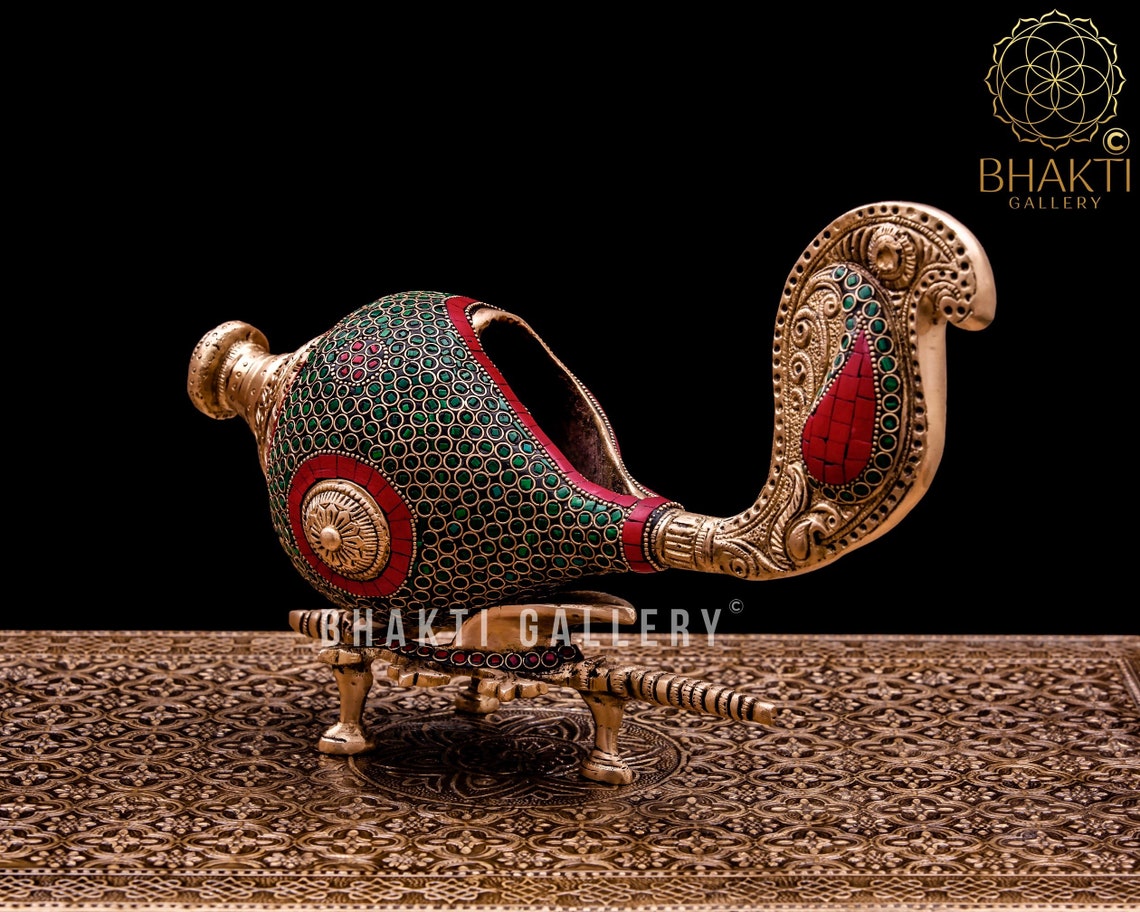 Brass Conch Shell With Beautiful Mosaic Stonework, Brass Shankh With ...