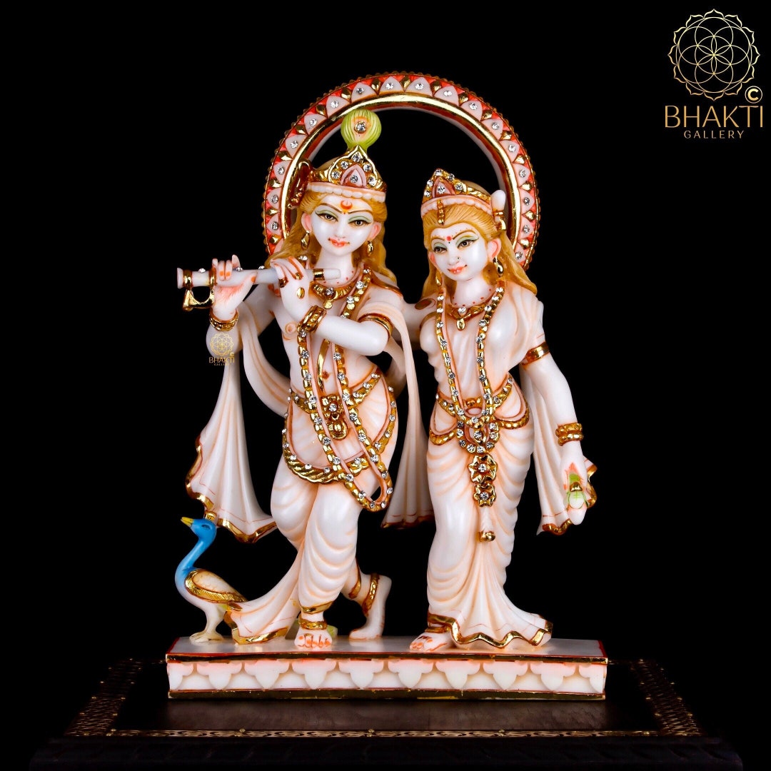 Radha Krishna Idol, 31 Cm Hand Painted Cultured Marble Radha Krishna ...