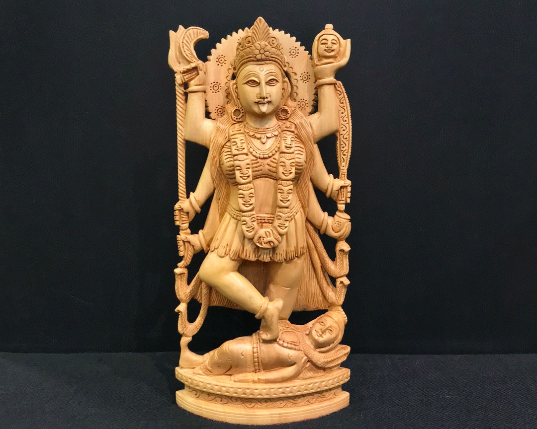 Wooden Kali Statue, 21 Cm Small Size Goddess Kali Figure in Wood ...