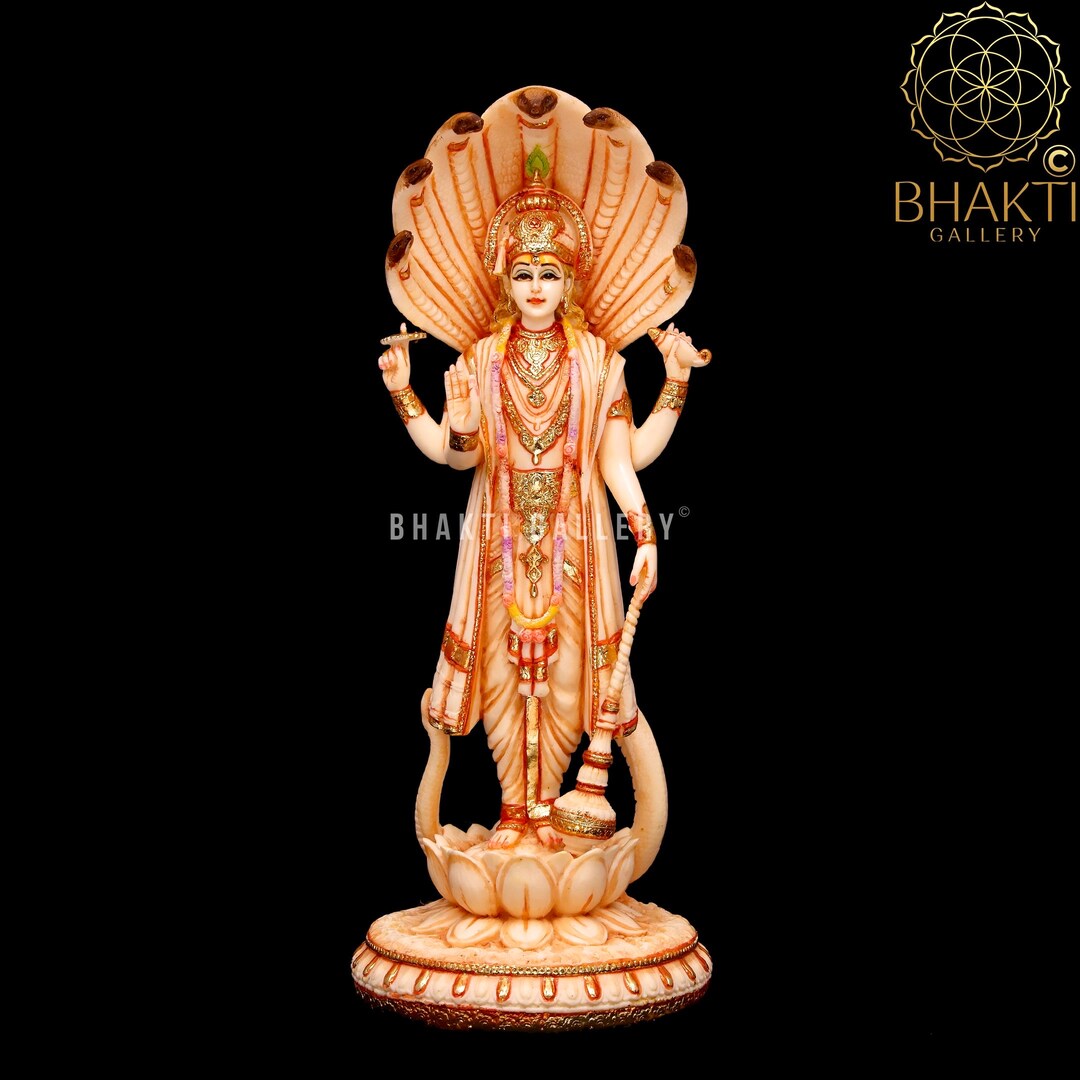 Lord Vishnu Idol With Sheshnag, 32 Cm Big Hand Painted Dust Marble ...