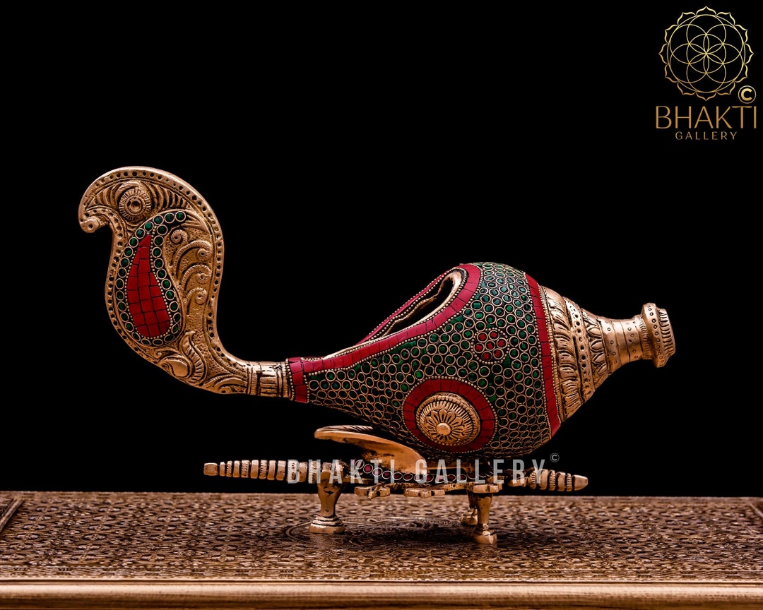 Brass Conch Shell With Beautiful Mosaic Stonework, Brass Shankh With ...