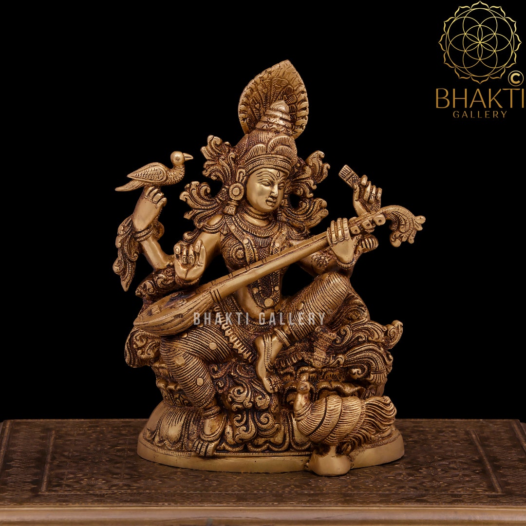 Brass Saraswati Statue, 27 Cm Big Goddess Saraswati Idol, Goddess ...