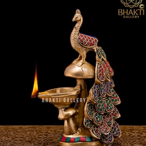 Brass Peacock Diya With Stonework, 22 Cm Peacock Design Brass Oil Lamp ...