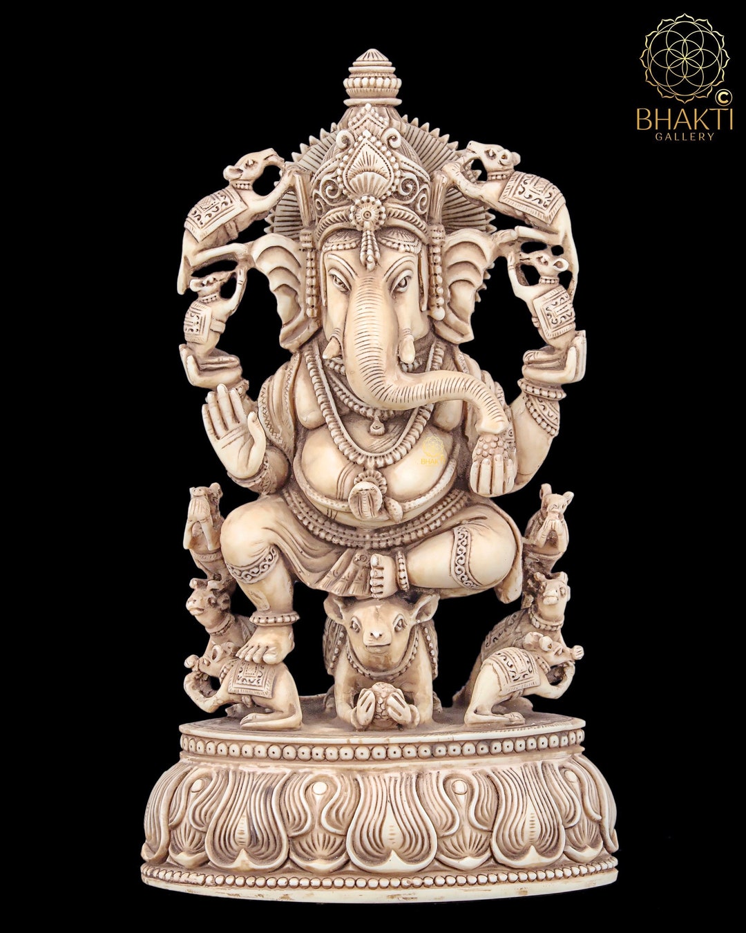 Ganesha Statue With Rat, 23 Cm Ivory Look Dust Marble Lord Ganapathi ...