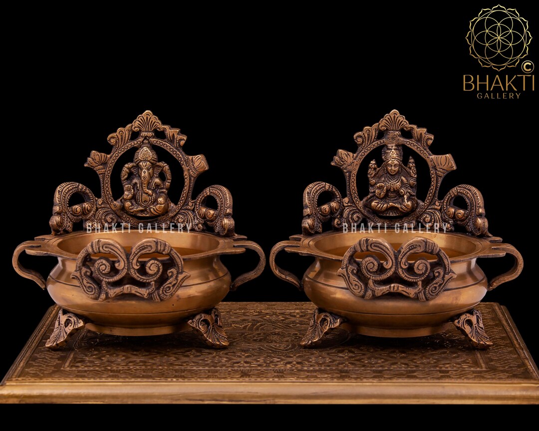 Brass Lakshmi Ganesh Urli Set of 2, 20 Cm Small Size Bronze Finish ...