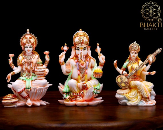 Laxmi Ganesha Saraswati Statue 18 Cm Big Hand Painted Cultured Marble Lakshmi Ganesh Saraswati Murti for Home Temple Hindu Gods Statue Etsy