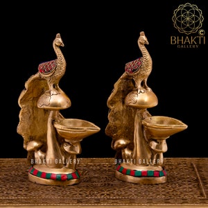 Brass Peacock Diya With Stonework, 22 Cm Peacock Design Brass Oil Lamp ...
