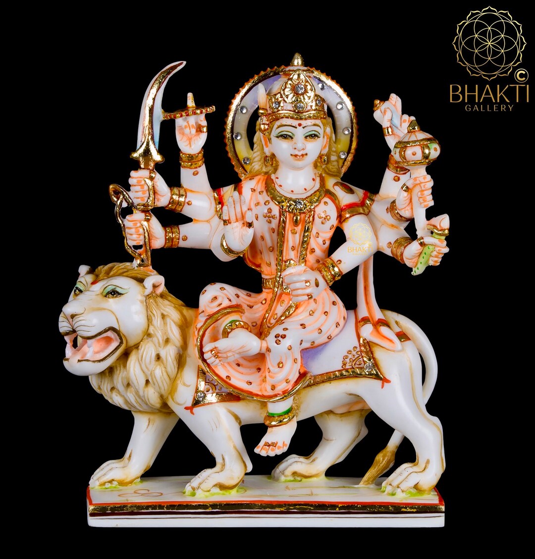 Goddess Durga Statue Sitting on Lion, 21 Cm Hand Painted Cultured ...