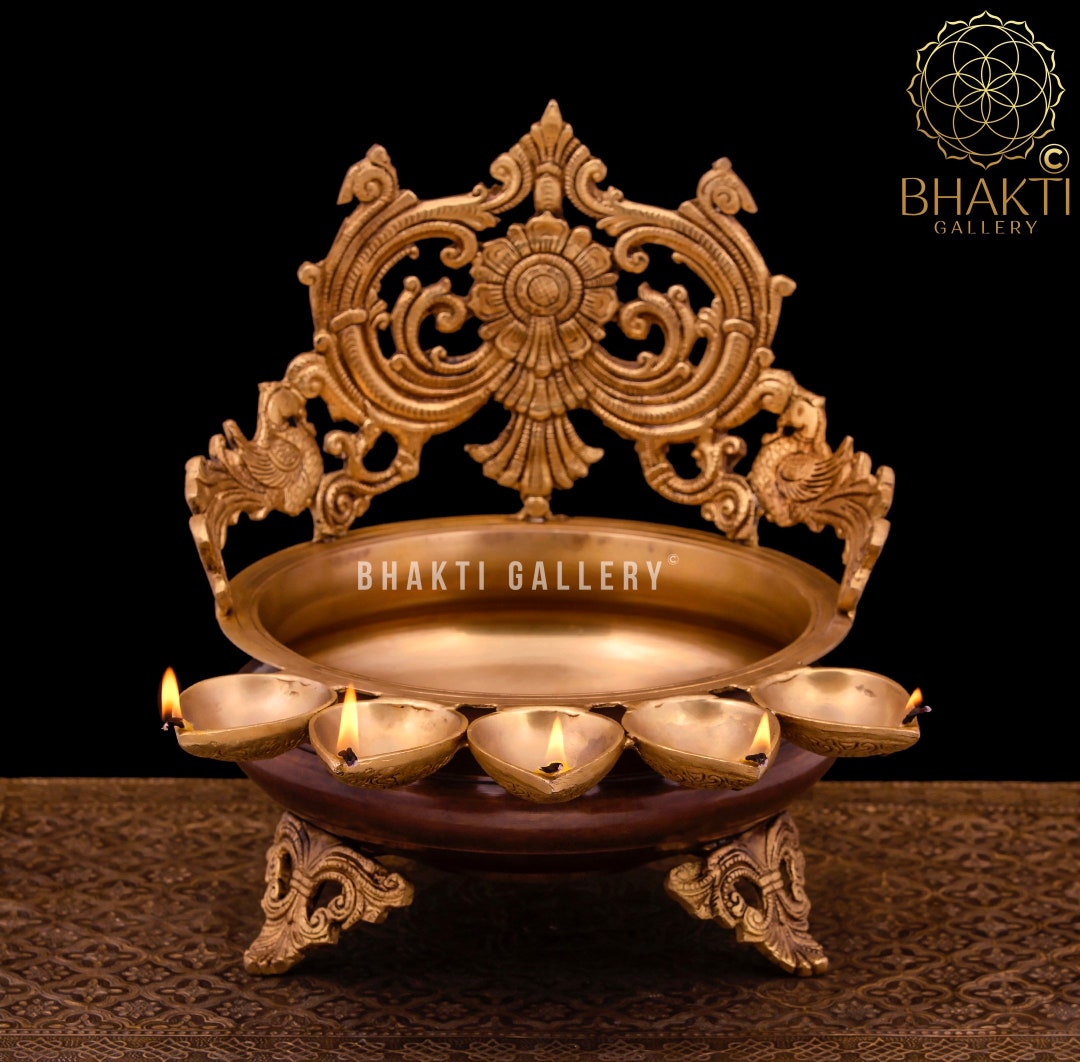 Brass Peacock Urli With Diyas, 31 Cm Big Bronze Finish Brass Urli Bowl ...