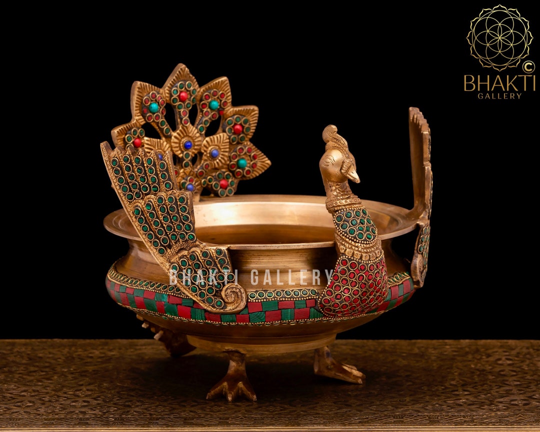 Brass Peacock Urli With Stonework, 25 Cm Big Peacock Design Brass Urli ...