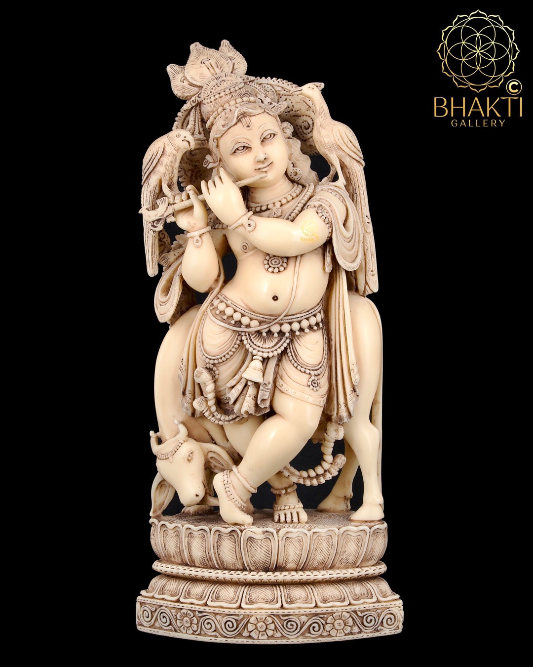 Cow Krishna Statue, 32 Cm Big Dust Marble Lord Krishna Idol With Cow ...