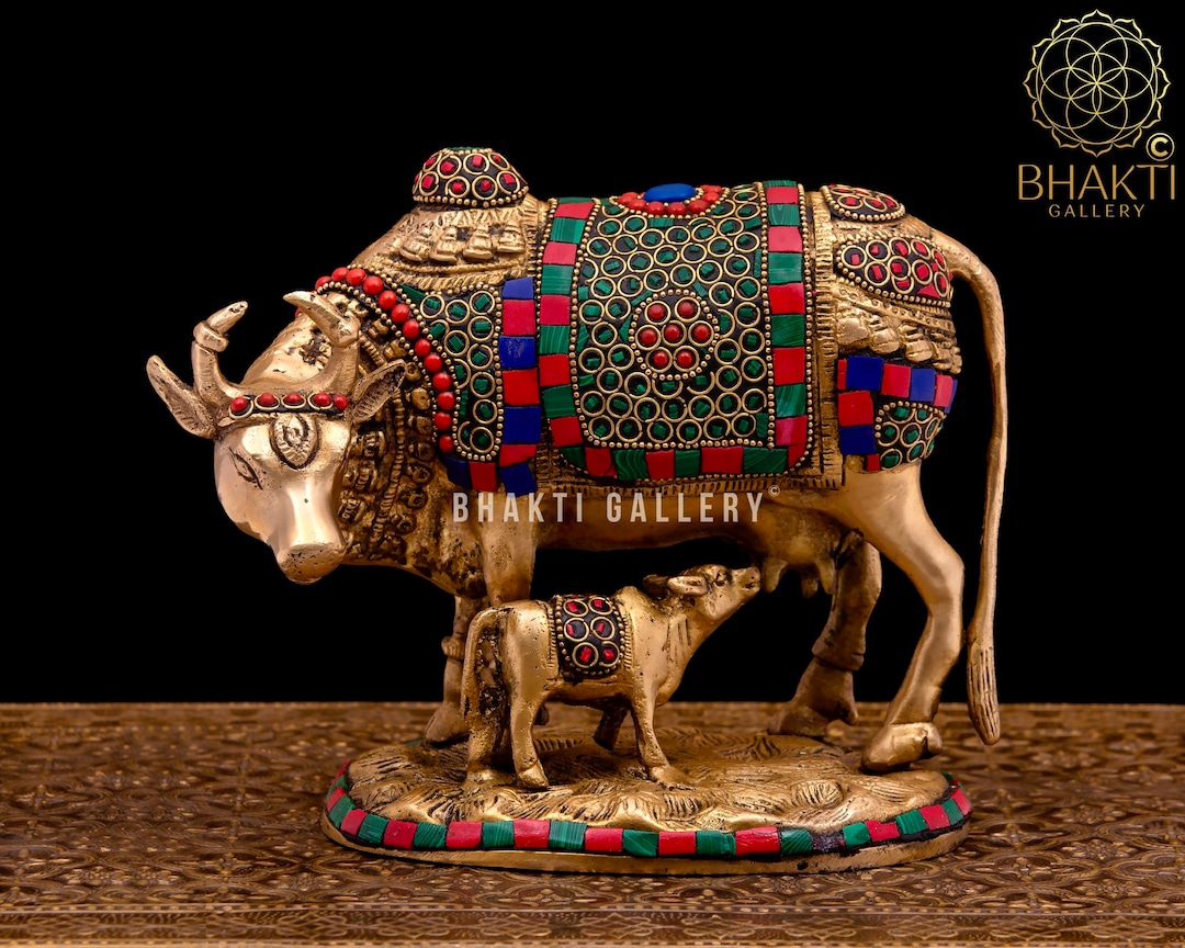 Brass Kamadhenu Cow Calf Statue With Stonework, 21 Cm Brass Kamdhenu ...