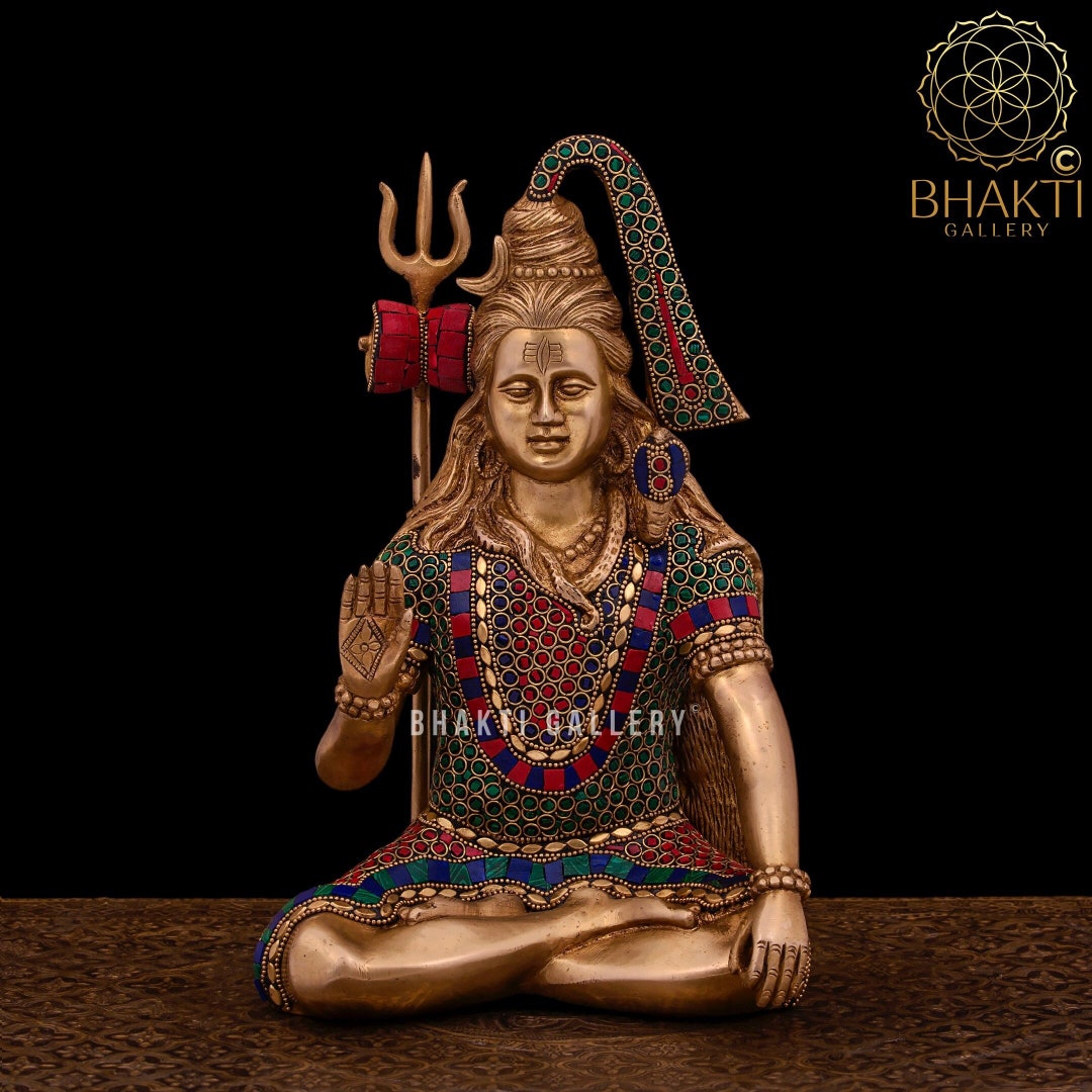 Brass Lord Shiva Statue With Mosaic Stonework, 30 Cm Big Brass Shiva ...