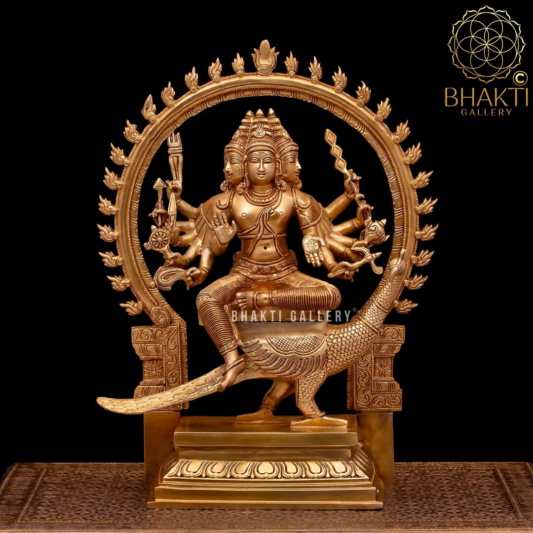 Brass Lord Murugan Statue Six Headed, 45 Cm Big Brass 6 Face Kartikeya ...