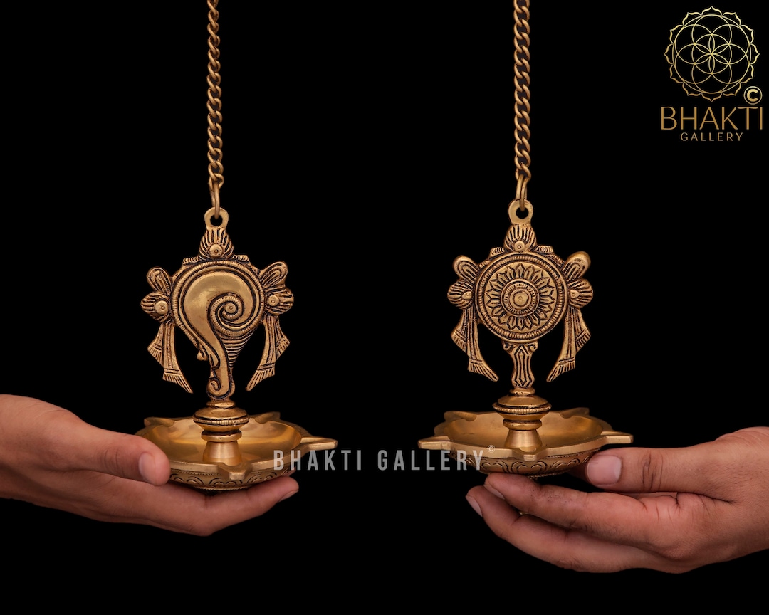 Brass Hanging Shankh Chakra Diya, 62 Cm Long With Chain Brass Hanging ...