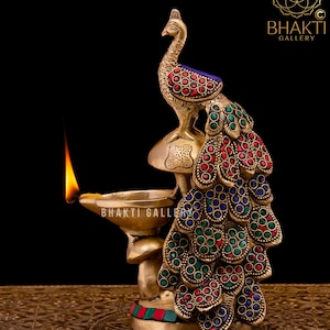 Brass Peacock Diya With Stonework, 22 Cm Peacock Design Brass Oil Lamp ...