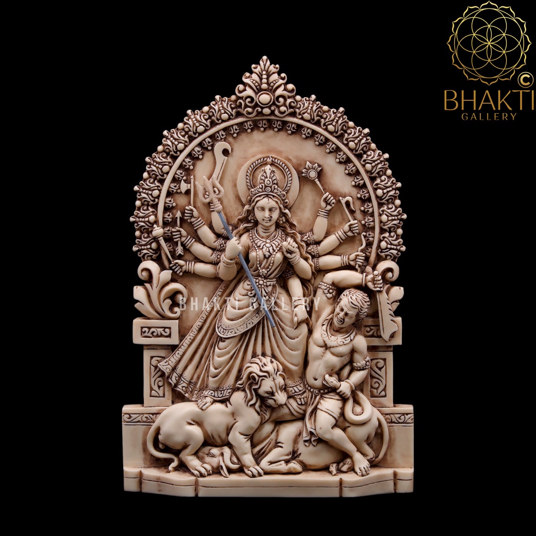 Maa Durga Statue, 26 Cm Big Ivory Finish Dust Marble Mahishasura ...