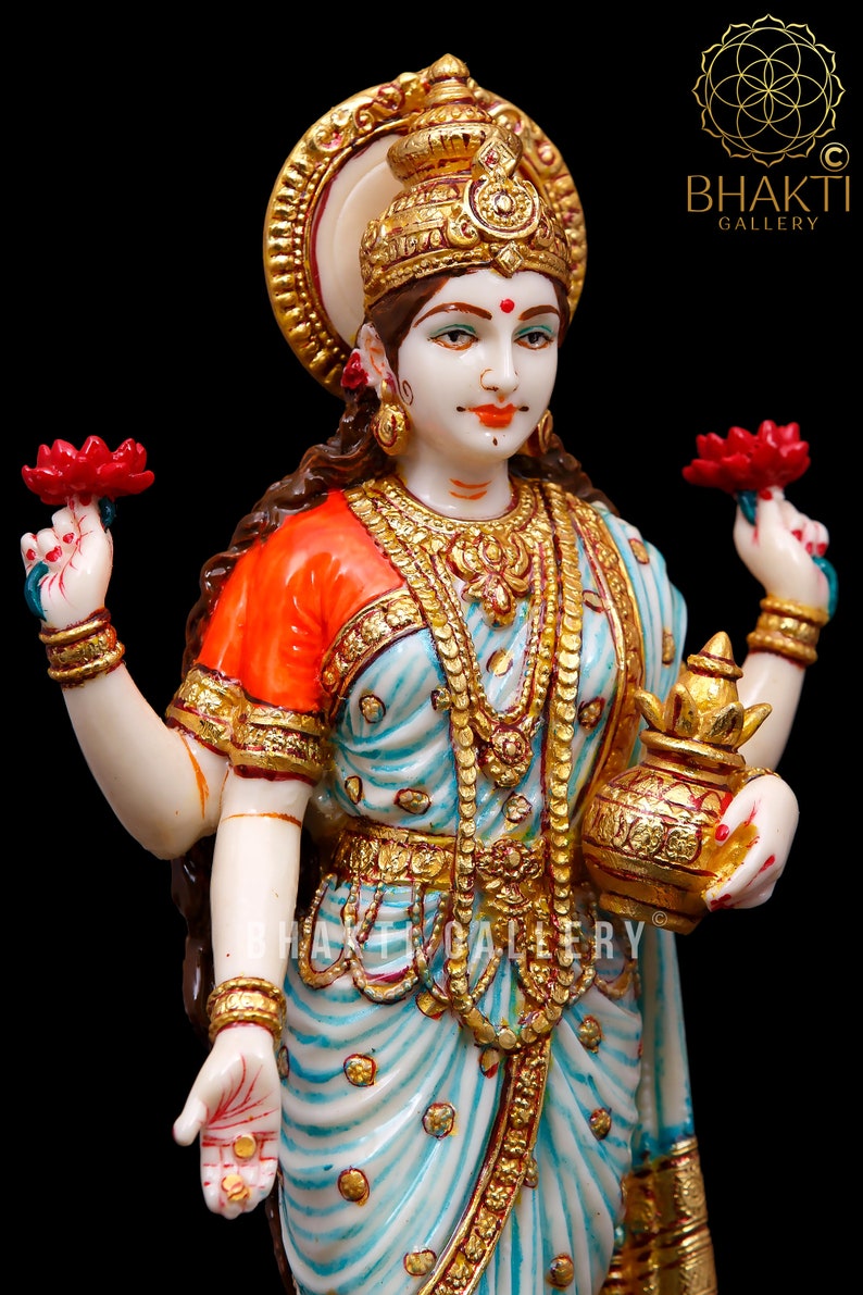 Goddess Lakshmi Statue, 26 Cm Big Hand Painted Dust Marble Lakshmi ...