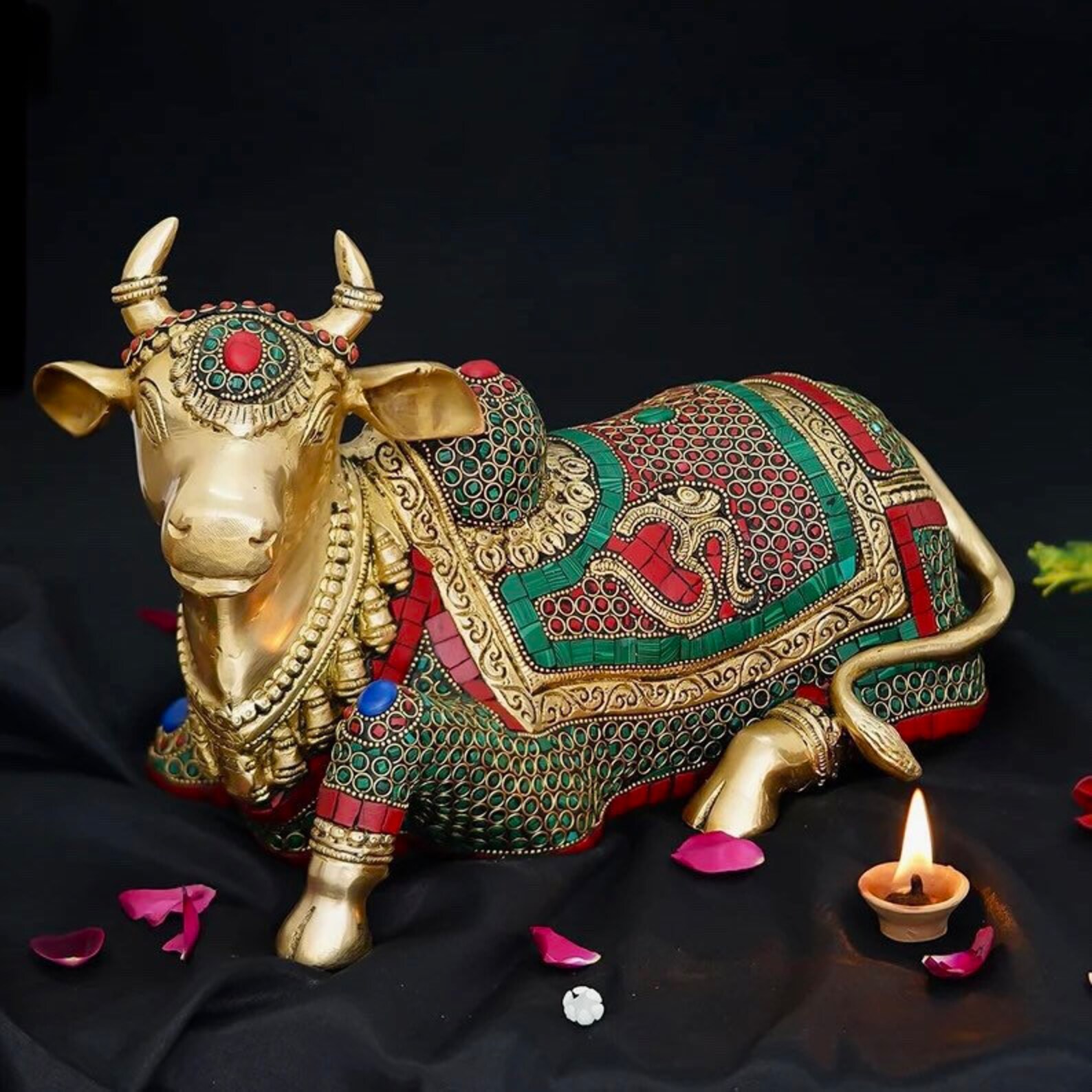 Brass Nandi Statue With Mosaic Stonework, Gatekeeper of Shiva & Parvati ...