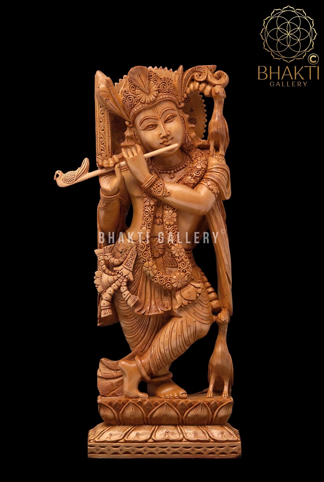 Wood Krishna Statue, 31 Cm Hand Carved Wooden Lord Krishna Statue ...