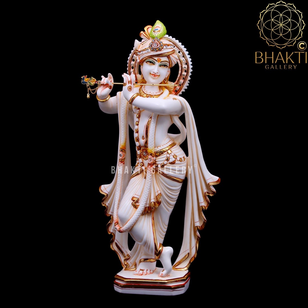 Lord Krishna Idol, 44cm Big Hand Painted Cultured Marble Krishna Statue ...