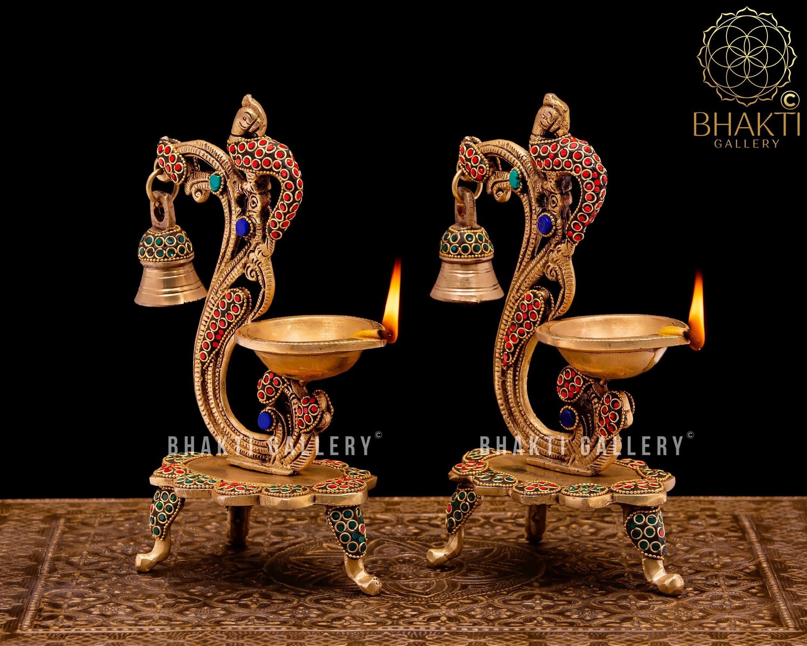 Brass Diya With Mosaic Stonework, 20 Cm Parrot Design Brass Oil Lamp ...