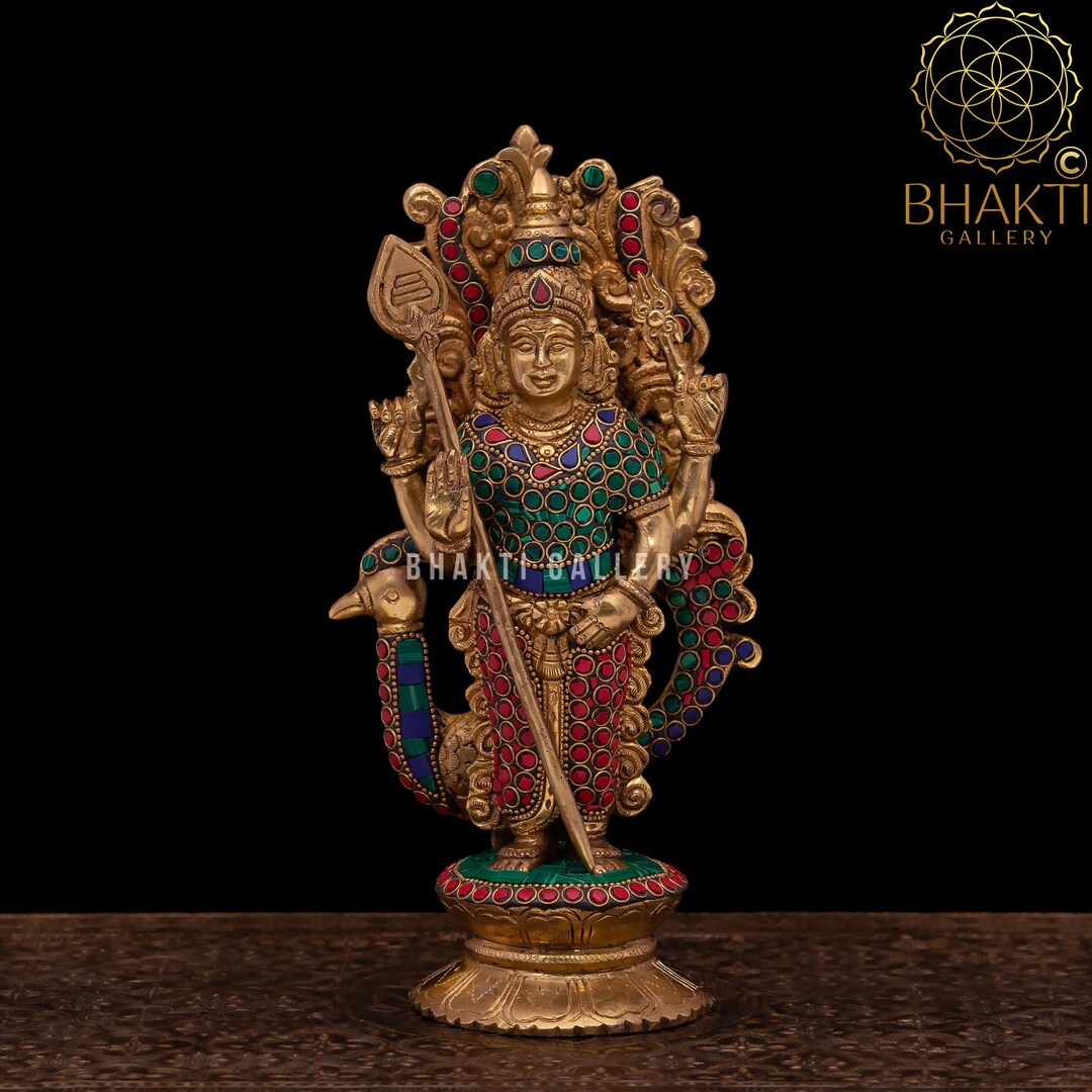 Brass Lord Murugan Statue With Stonework, 25cm Brass Kartikeya Statue ...