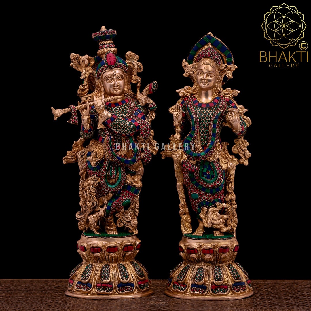 Brass Radha Krishna Statue With Stonework, 45 Cm Big Radha Krishna ...