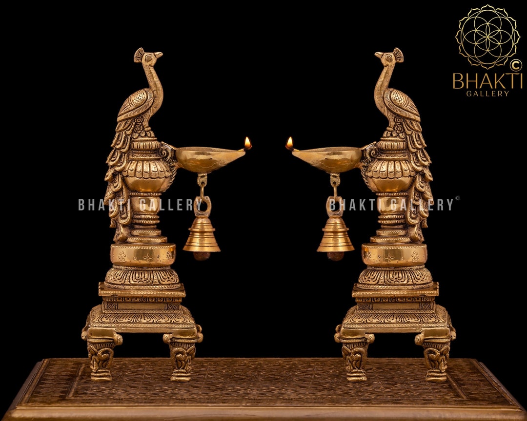 Peacock Brass Diya Stand With Bell 2 Piece Set, 27 Cm Peacock Brass Oil ...