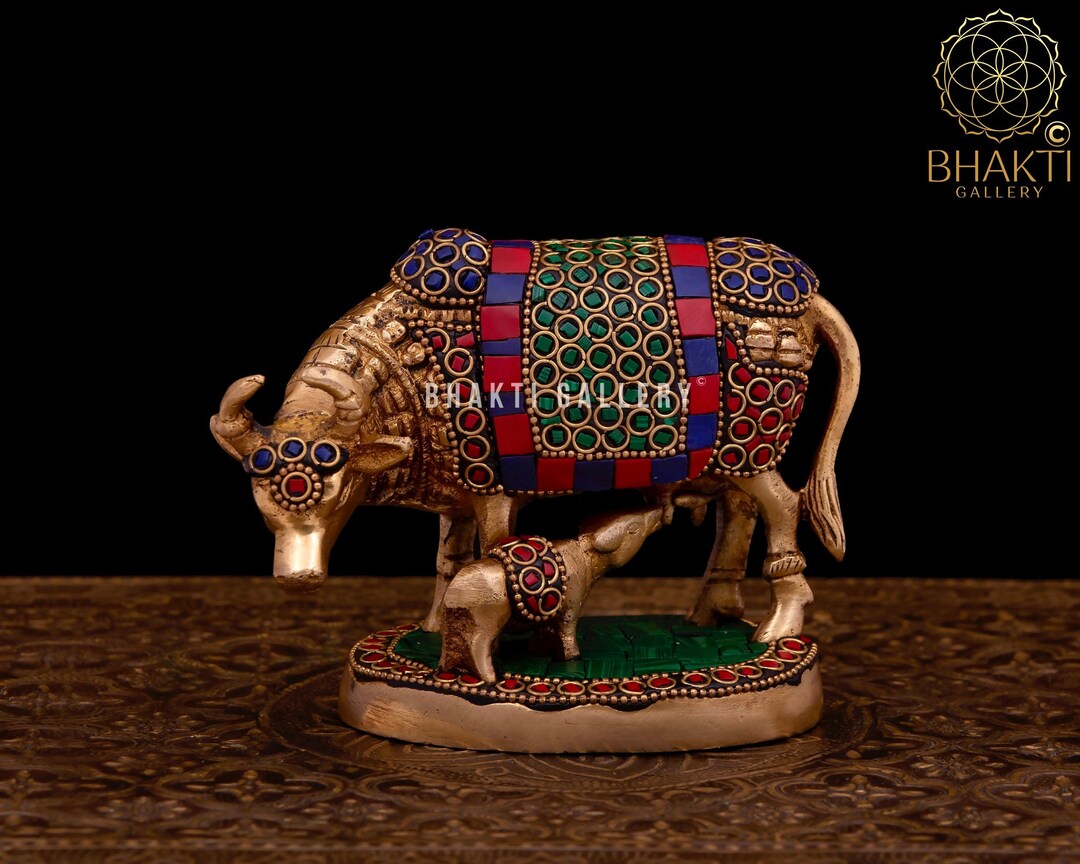 Brass Kamdhenu Cow Statue With Stonework, 13 Cm Small Size Brass ...