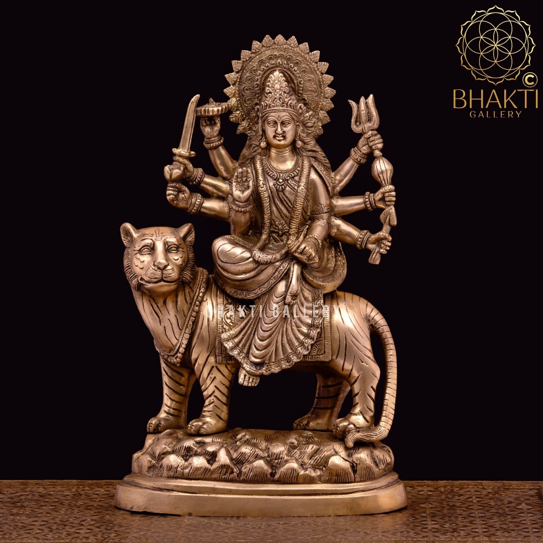 Brass Durga Statue, 38 Cm Big Brass Maa Durga Idol Sitting on Tiger ...
