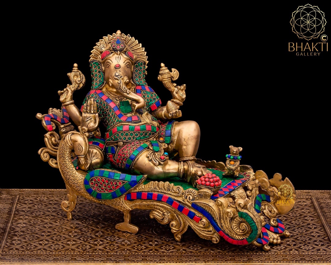 Resting Ganesha Statue Large With Stonework, 39 Cm Big Brass Ganesha ...