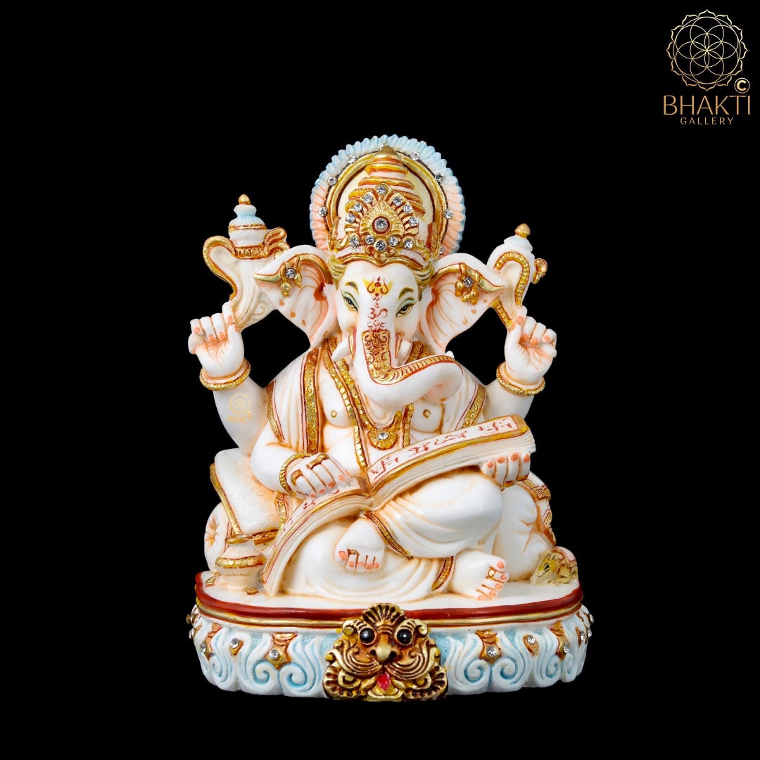 Writing Ganesha Statue, 20 Cm Hand Painted Cultured Marble Lord Ganesha ...