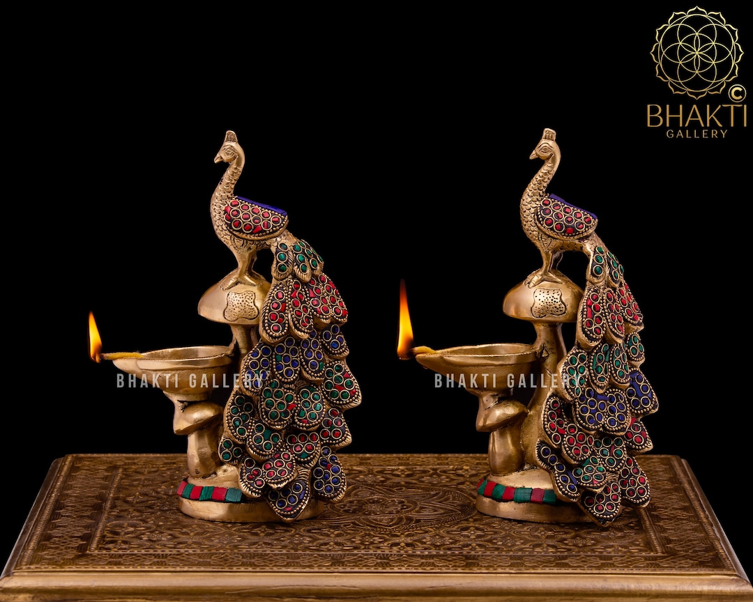 Peacock Brass Diya With Stonework, 22 Cm Peacock Design Brass Oil Lamp ...