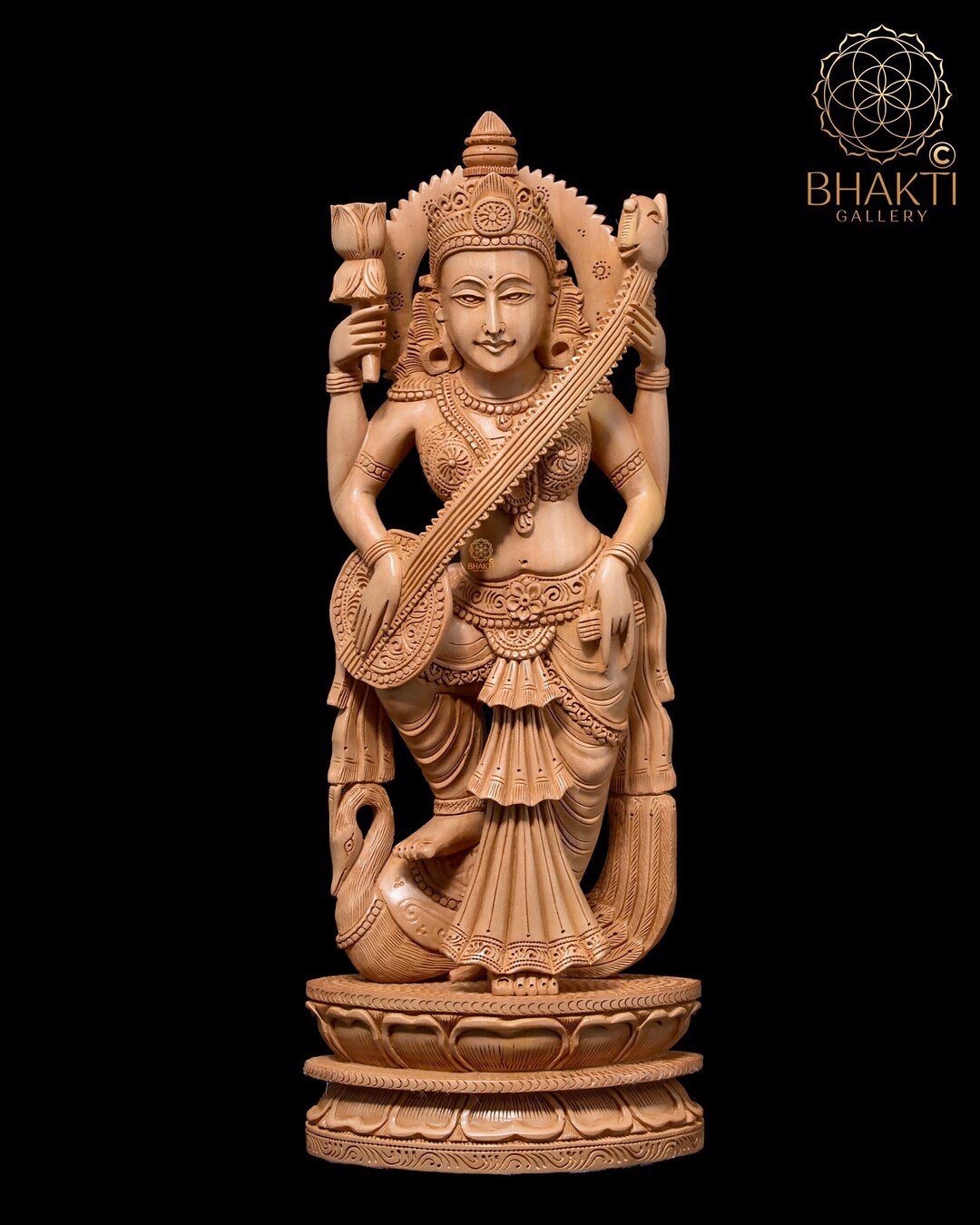 Wooden Saraswati Statue, 33 Cm Hand Carved Standing Wooden Saraswati ...