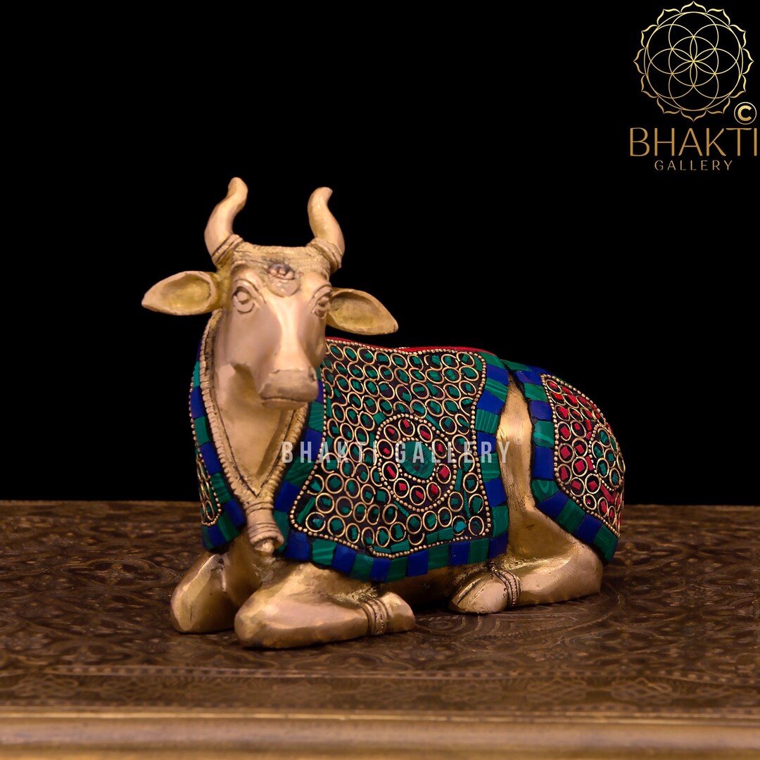 Brass Cow Statue With Stonework, 17 Cm Small Size Brass Kamadhenu Cow ...