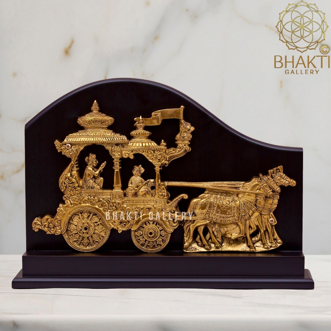 Brass Lord Krishna and Arjun Rath Chariot, 37 Cm Long Brass Arjun and ...