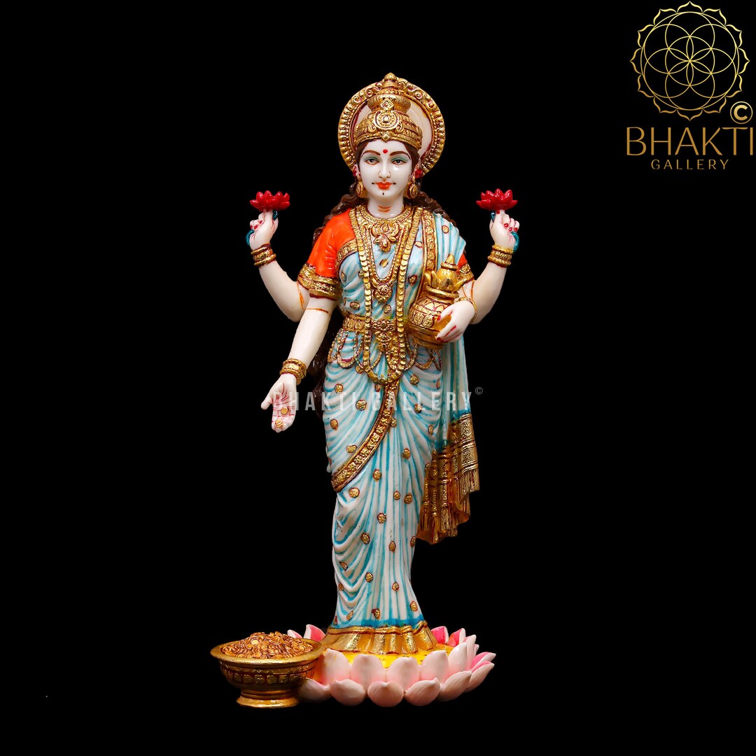 Goddess Lakshmi Statue, 26 Cm Big Hand Painted Dust Marble Lakshmi ...