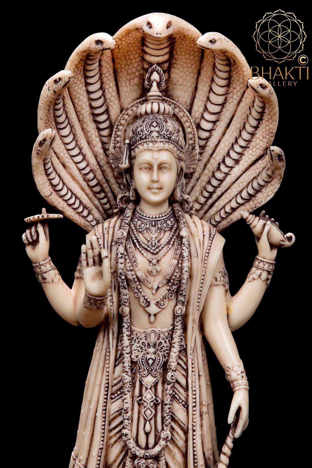 Lord Vishnu Idol Standing on Sheshnag, 32 Cm Big Ivory Look Antique ...
