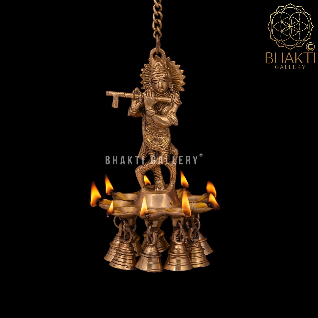 Brass Hanging Diya With Krishna Idol & Bells, 66 Cm Long (with Chain ...