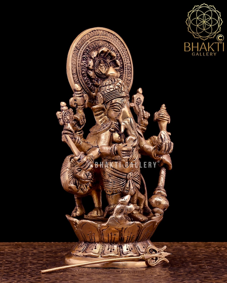 Brass Drishti Ganesh Statue With Lion, 23 Cm Brass Shri Shubh Shubha ...