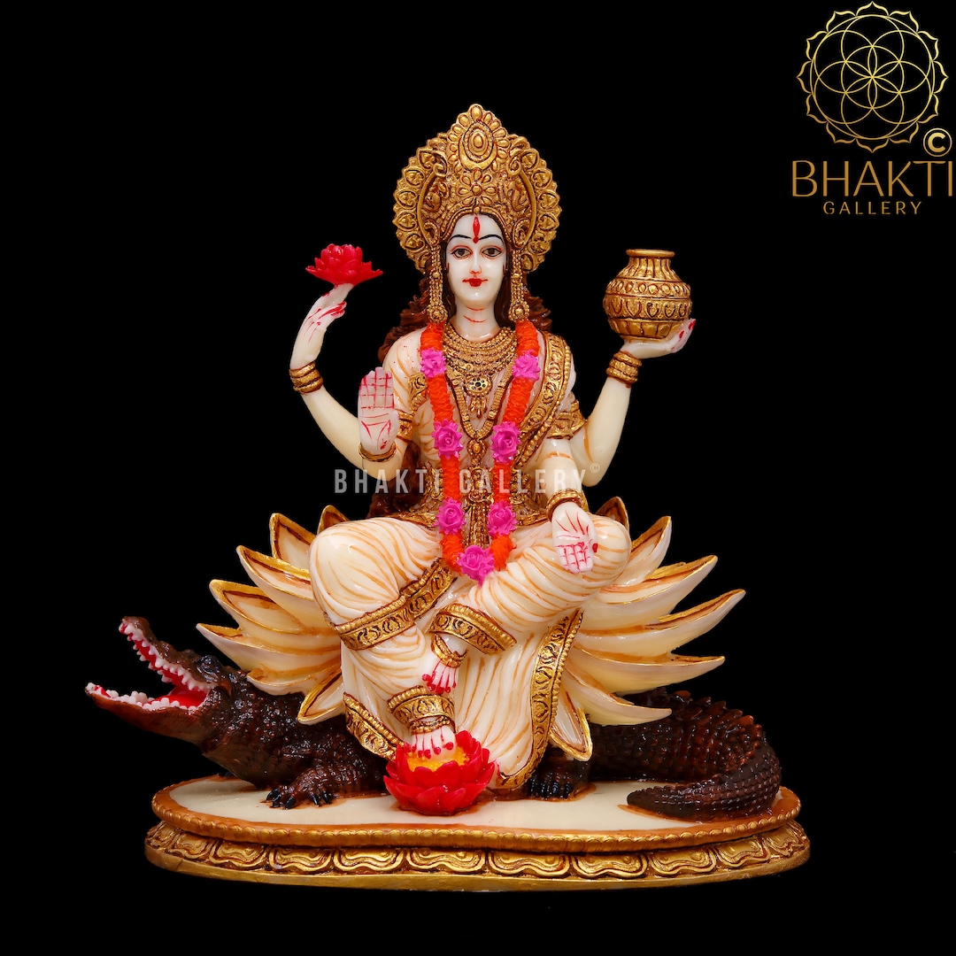 Maa Ganga Statue on Crocodile, 21 Cm Hand Painted Dust Marble Goddess ...