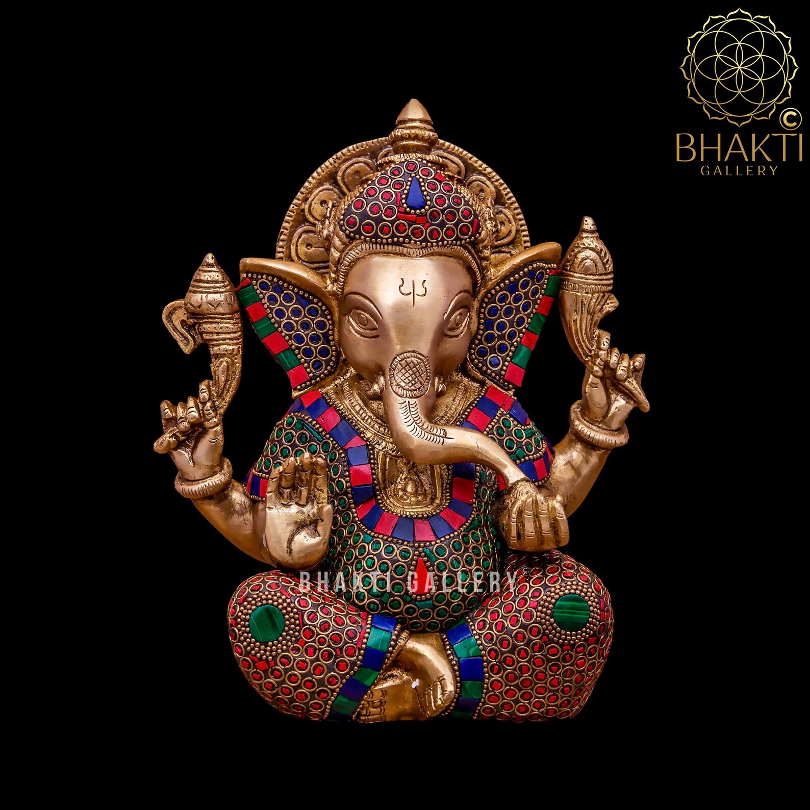 Brass Ganesha Statue With Mosaic Stonework, 21 Cm Brass Ganesh Statue ...