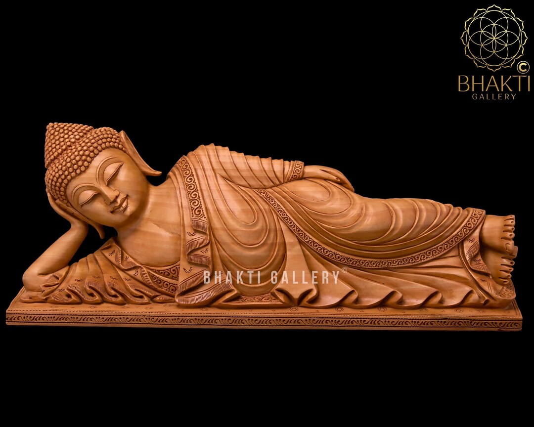 Wooden Reclining Buddha Statue, Wood Resting Buddha Idol Sculpture ...