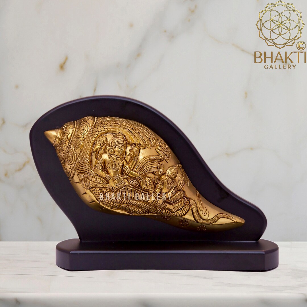 Brass Vishnu Lakshmi Conch Shell With MDF Wood Stand, Brass Shankh With ...