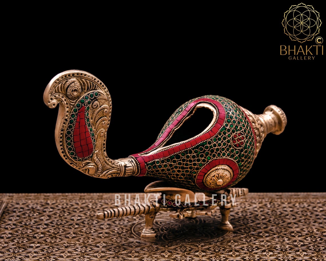 Brass Conch Shell With Beautiful Mosaic Stonework, Brass Shankh With ...