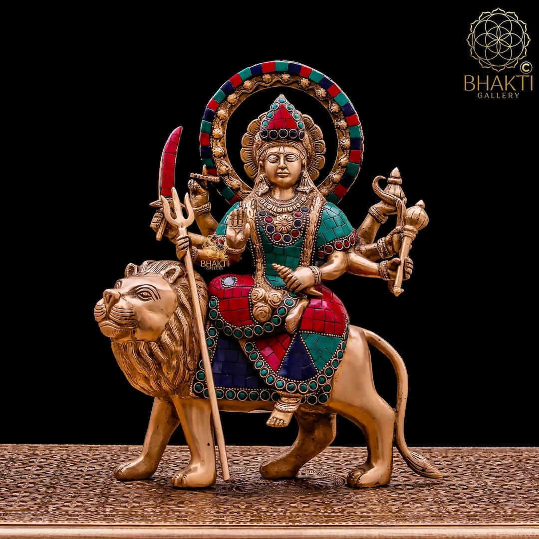 Brass Durga Statue With Stonework, 30 Cm Big Goddess Durga Idol Sitting ...